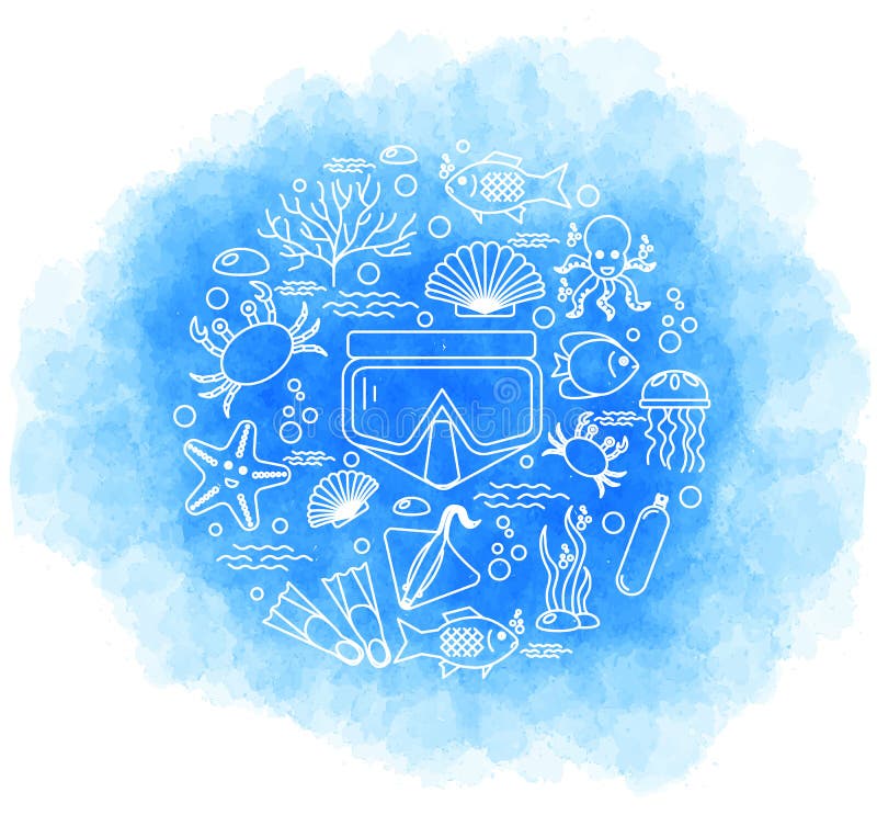 Diving Icons Set with Fish and Equipment Stock Vector - Illustration of ...