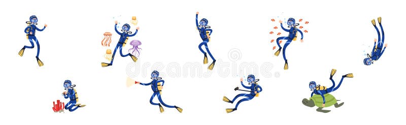 Diving Man Character in Blue Suit with Flippers Vector Set Stock Vector ...