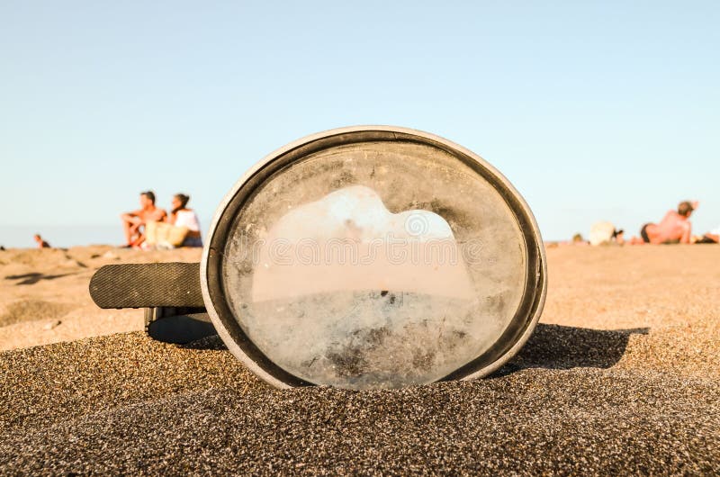 Diving Mask on the Sand Beach, Old Diving Mask Stock Image - Image of ...