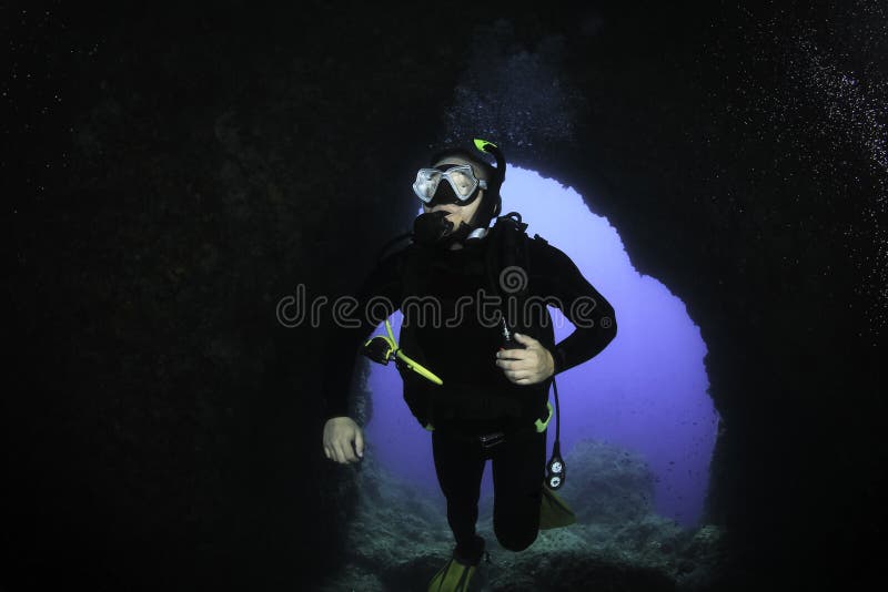 Diving in Underwater Cave - Majorca Stock Photo - Image of cave ...