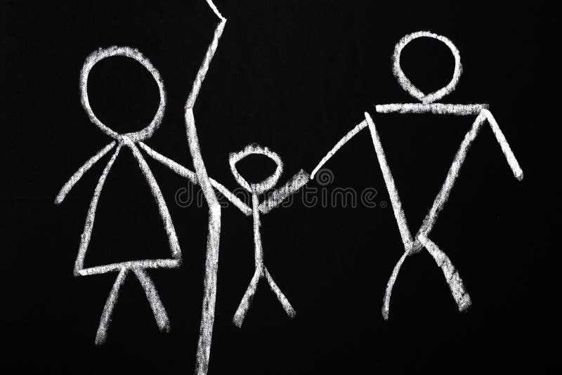 Divorce Concept. Chalk Drawing of a Family Divided by a Line Stock ...