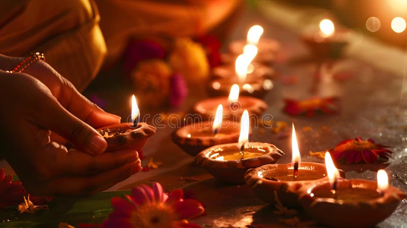 Clay Diyas Being Lit One by One Stock Illustration - Illustration of ...