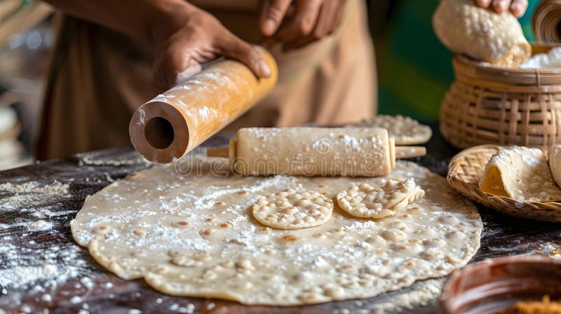 Dough Being Rolled Out To Make Puris Stock Illustration - Illustration ...