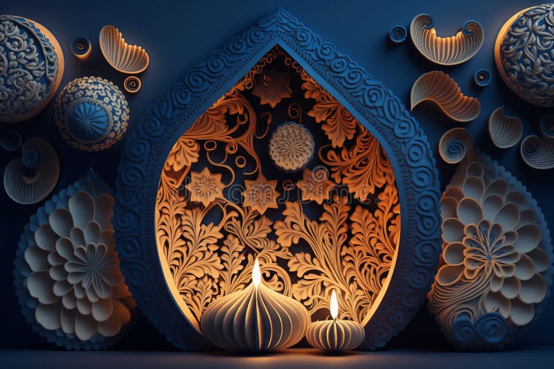 Diwali Festival , with Blue 3D Ornate Pattern. 3D Render Stock ...