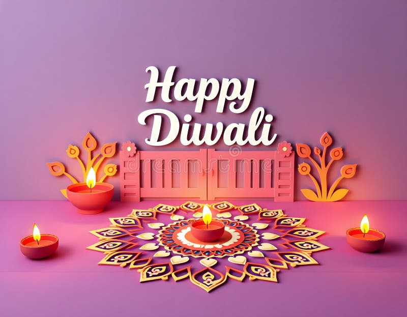 Traditional Diwali Decor with Bright Oil Lamps Stock Illustration ...