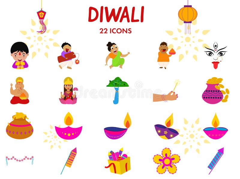 22 Diwali Icon or Symbol Set in Flat Stock Illustration - Illustration ...