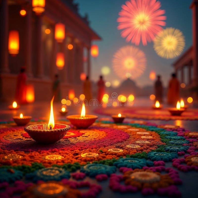 Diwali Wallpaper with Lanterns and Fireworks Stock Illustration ...