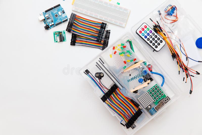DIY Arduino. Flat Layout on White Background, Copy Space. Electronic ...