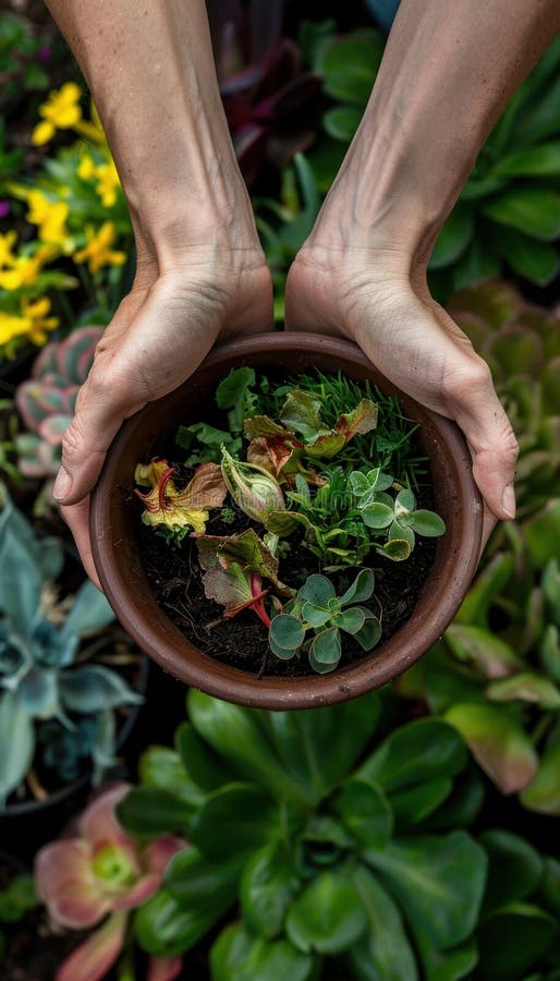 DIY Composting: Hands Holding Kitchen Scraps in a Vibrant Garden ...