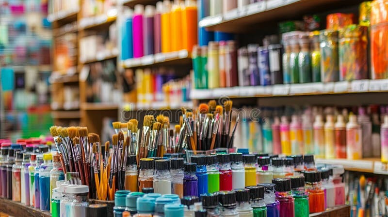 A DIY Crafts Store Display with Paints Brushes and Kits for Creating ...