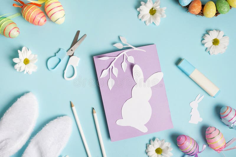 Diy Easter Card from Paper. Greeting Cards with Bunny on Blue ...