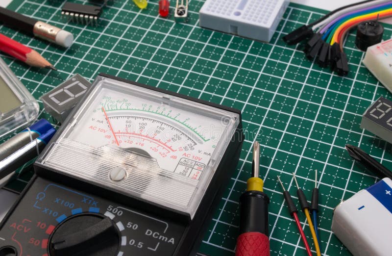 DIY Electrical Maker Tools Components on Green Cutting Mat Board. Stock ...