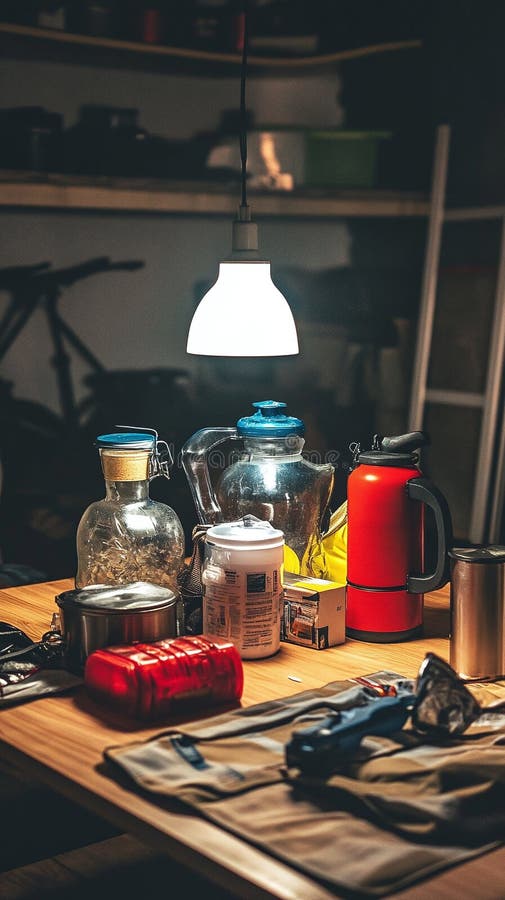 DIY Emergency Kit on a Table Prepared for an Unexpected Blackout Stock ...