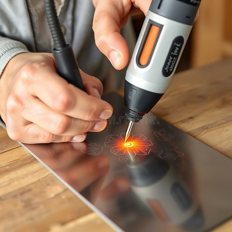 A DIY Enthusiast Using a Dremel Tool To Etch Patterns on a Metal Sheet ...