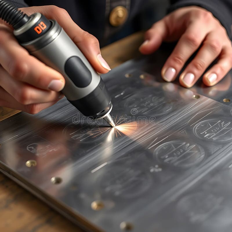A DIY Enthusiast Using a Dremel Tool To Etch Patterns on a Metal Sheet ...