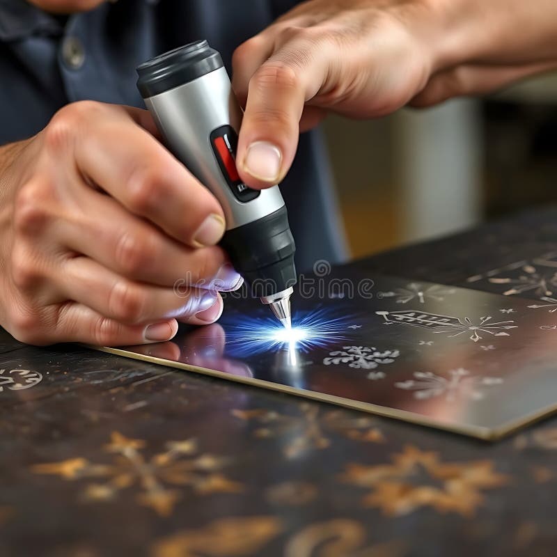 A DIY Enthusiast Using a Dremel Tool To Etch Patterns on a Metal Sheet ...