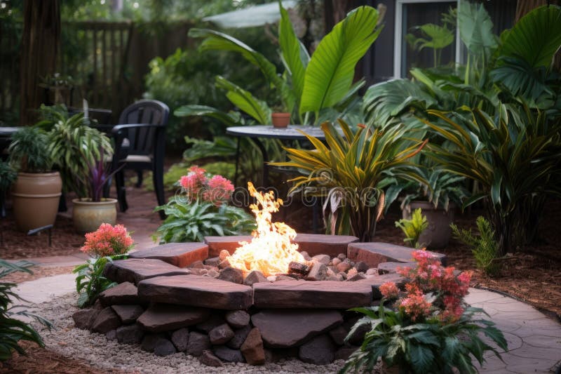 Diy Fire Pit on a Patio with Surrounding Plants Stock Illustration ...