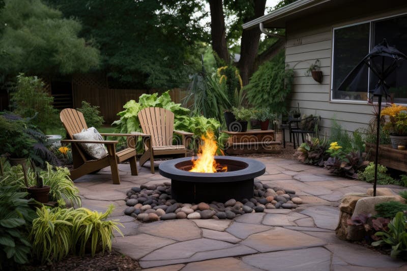 Diy Fire Pit on a Patio with Surrounding Plants Stock Illustration ...