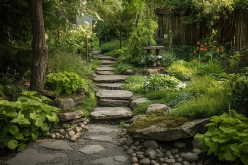 Diy Garden with Natural Stone Paths, Water Features and Greenery Stock ...