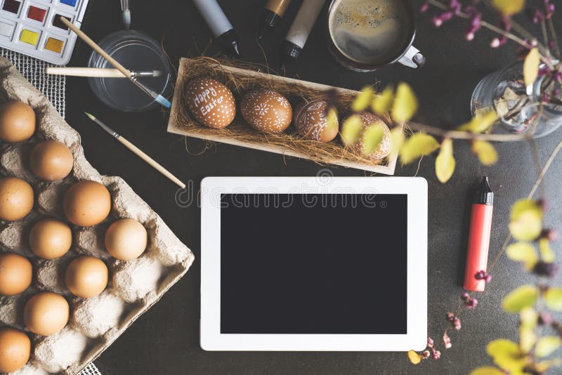 DIY Hand Painted Easter Eggs. Top View Table Top Shot with Copy Space ...