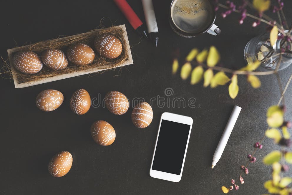 DIY Hand Painted Easter Eggs. Top View Table Top Shot with Copy Space ...