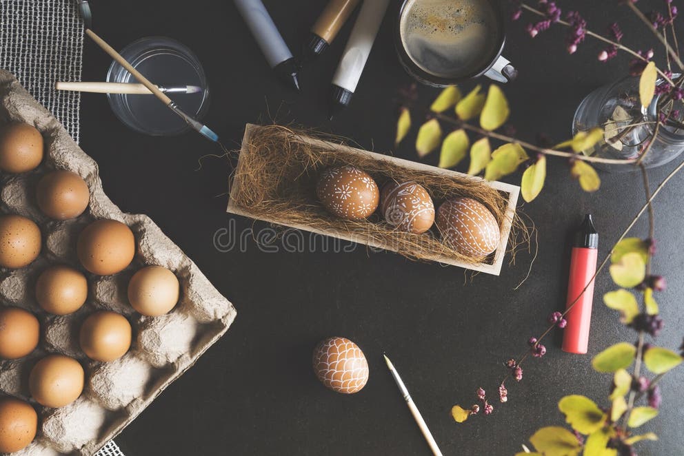 DIY Hand Painted Easter Eggs. Top View Table Top Shot with Eggs, Paints ...