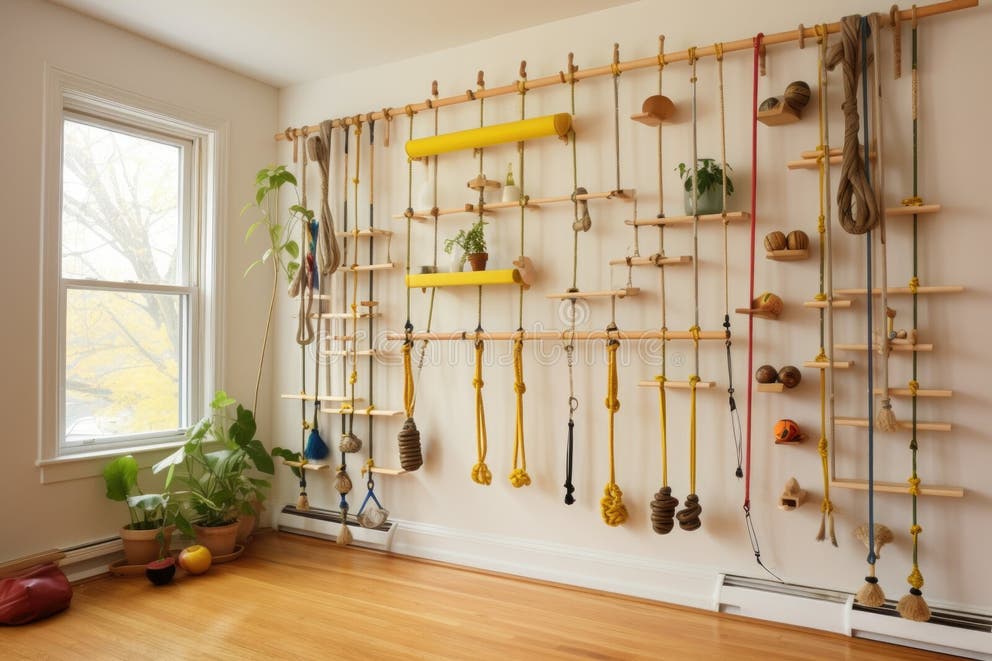 Diy Home Yoga Wall with Ropes and Props for Support Stock Image - Image ...