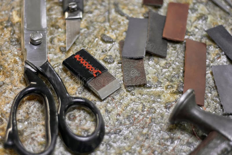 Diy Leather Craft Tools with Leather Pieces on the Workbench. Stock ...
