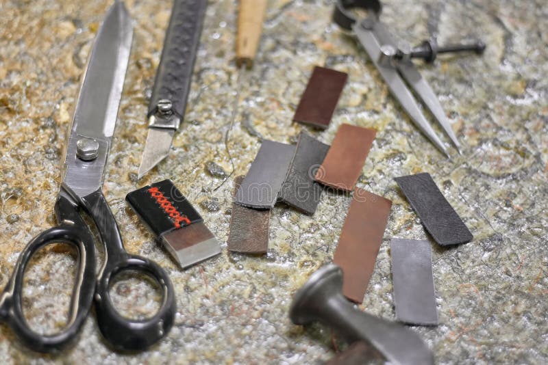 Diy Leather Craft Tools with Leather Pieces on the Workbench. Stock ...