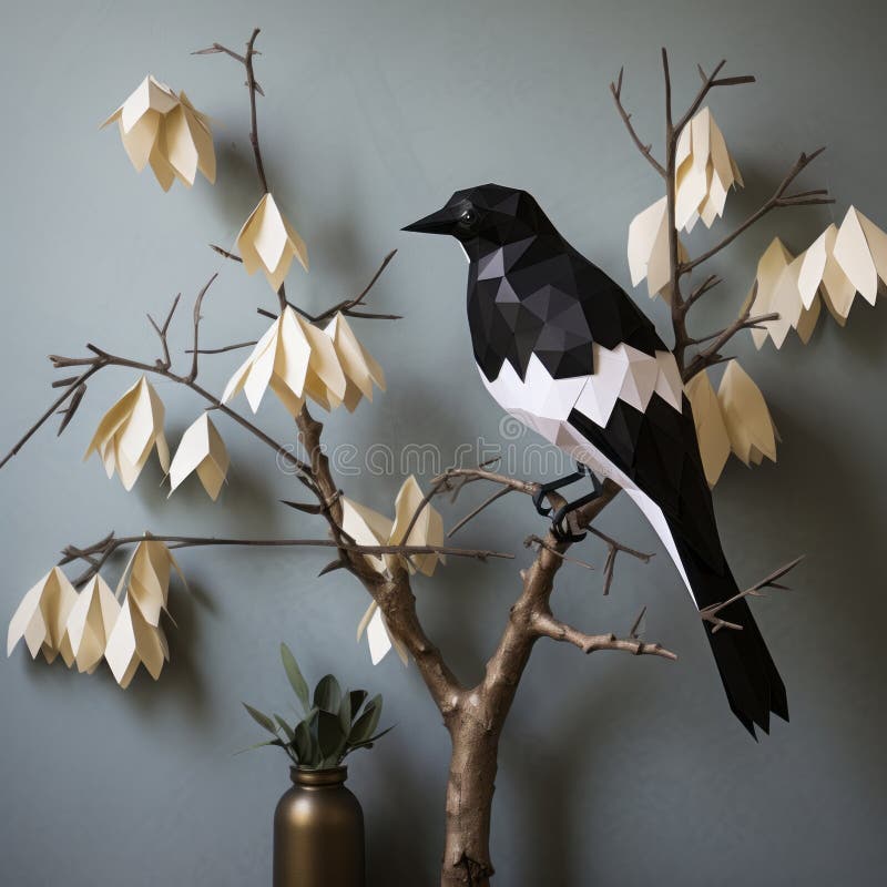 Diy Polygon Magpie Paper Craft on Tree Branch Wall Decor Stock ...