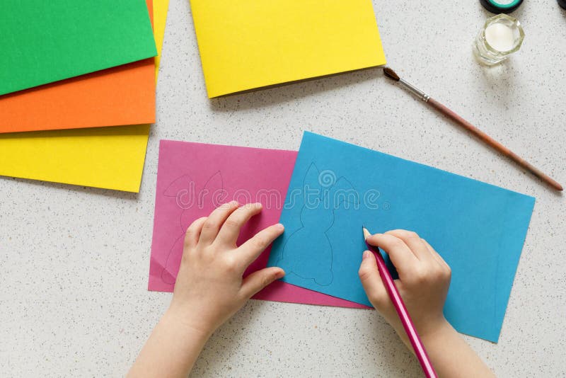 DIY Postcard Step by Step. Crafts Concept for Kids. Happy Easter Stock ...