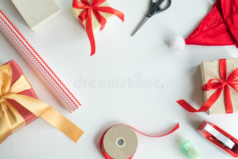 Top View of Tools for Wrap Gift Boxes on the White Background. Have a ...