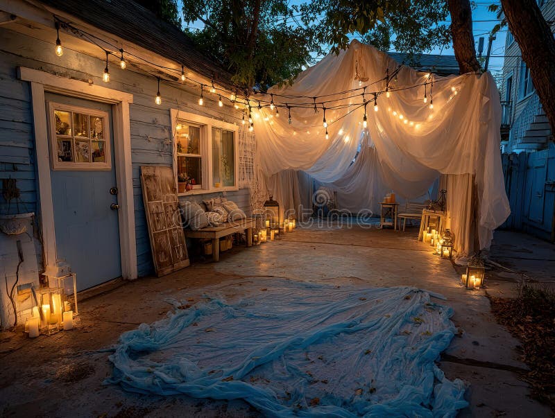 DIY Projector in Backyard Under String Lights, Wrinkled Sheet Screen ...