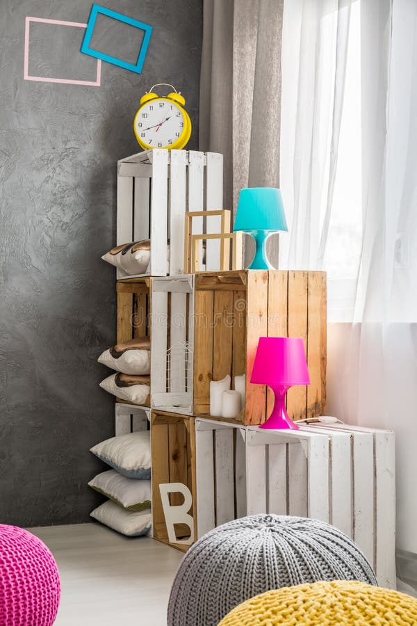 DIY Regale and Colorful Poufs Stock Image - Image of interior, regale ...