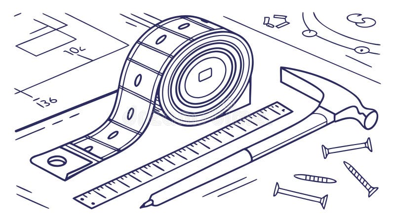 DIY Tools with Hammer, Measuring Tape, and Pencil Sketch, Vector Design ...