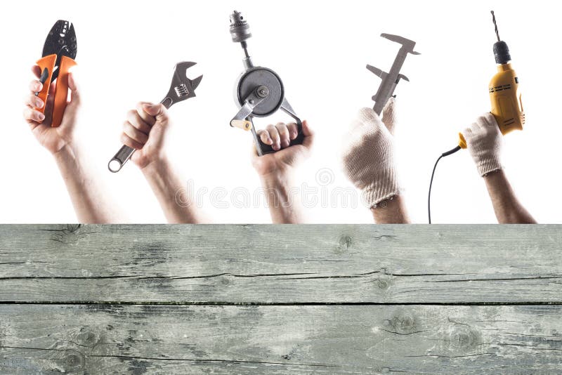 DIY Tools Set Collage with Copy Space for Text at Wooden Background ...