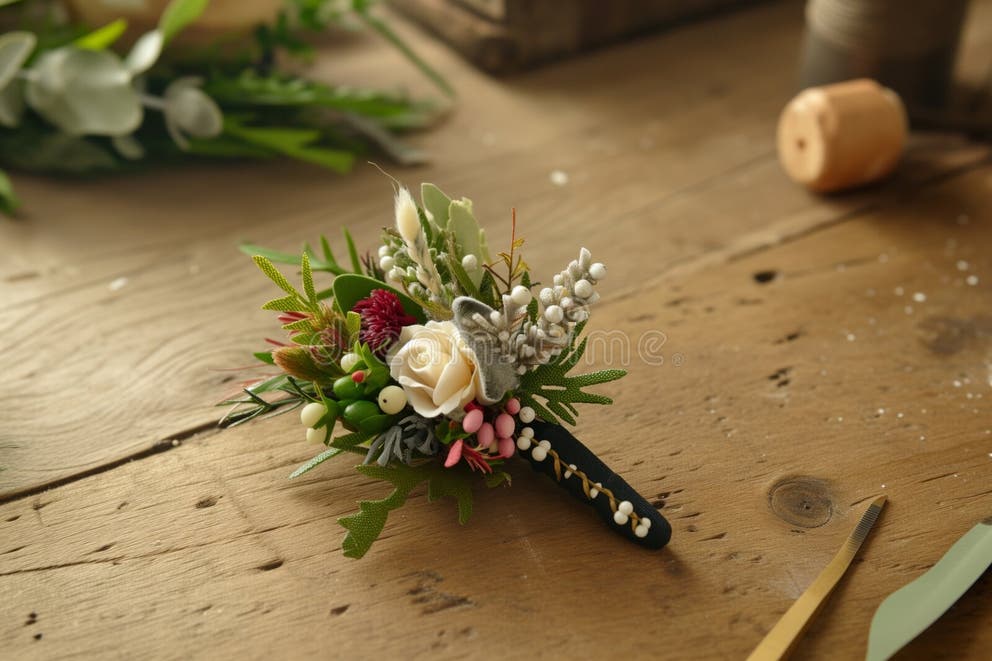 Diy Tutorial Scene of Making a Silk Flower Boutonniere on a Worktable ...