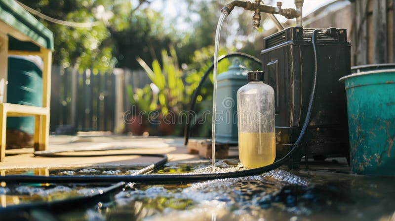 DIY Water Extraction Setup in a Backyard with Hoses, a Container, and ...