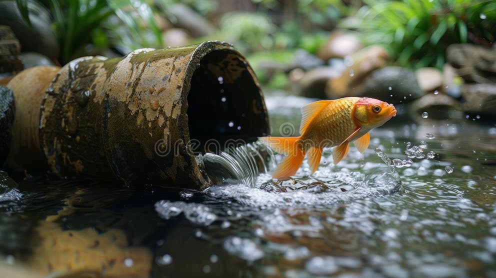 Diy Water Filter Creation for Fishpond with Goldfish Jumping in Garden ...