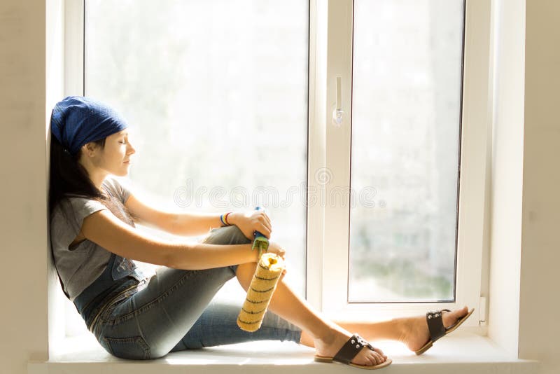 DIY Woman Taking a Rest from Decorating Stock Image - Image of interior ...
