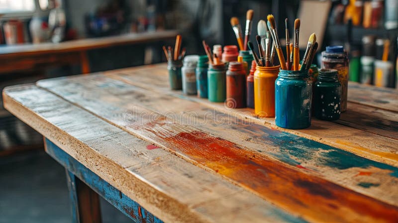 DIY Workspace Table with Wooden Planks, Featuring Paints and Small ...