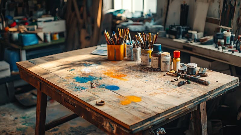 DIY Workspace Table with Wooden Planks, Featuring Paints and Small ...