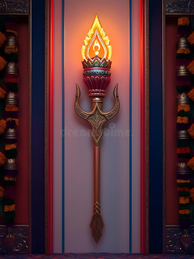 Diya and Trident Border Frame Concept As Vertical Frame with a Lit Diya ...
