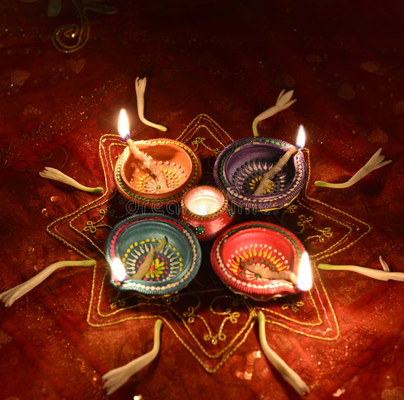 Group Of Diya In Temple With Lighting For Prayer On Diwali Festival ...