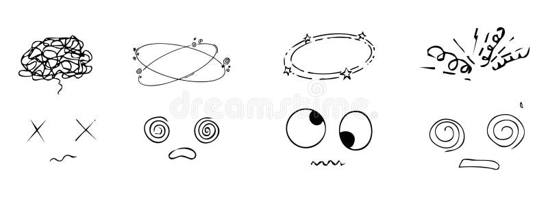 Dizzy Effect, Headache, Sick Drawing Doodle Comic Set. Dizziness Faces ...