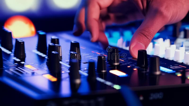 DJ Adjusting Knobs on a Sound Mixer with Colorful Lights in the ...