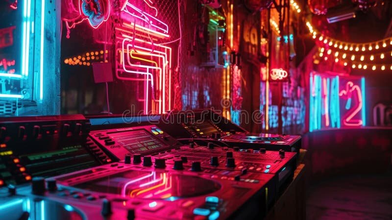 A DJ Booth Adorned with Bright Flashing Lights and Neon Signs Stock ...