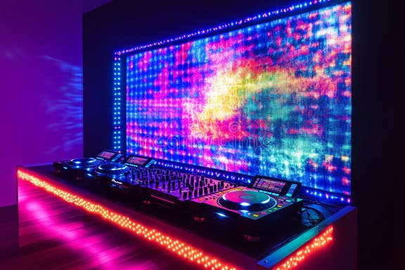A DJ Booth Features Dynamic LED Lights in Various Colors, while an ...