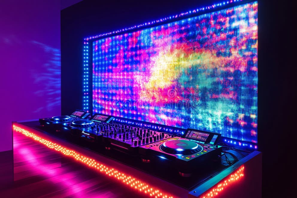 A DJ Booth Features Dynamic LED Lights in Various Colors, while an ...