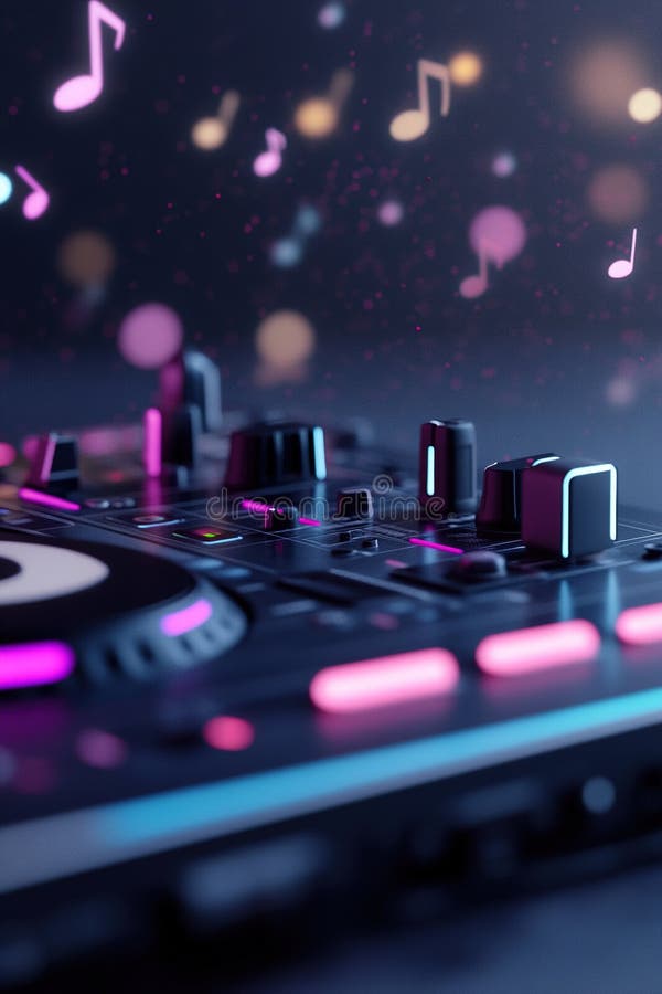 A DJ Booth Illuminated with Striking Blue Neon Edges Showcases an Array ...